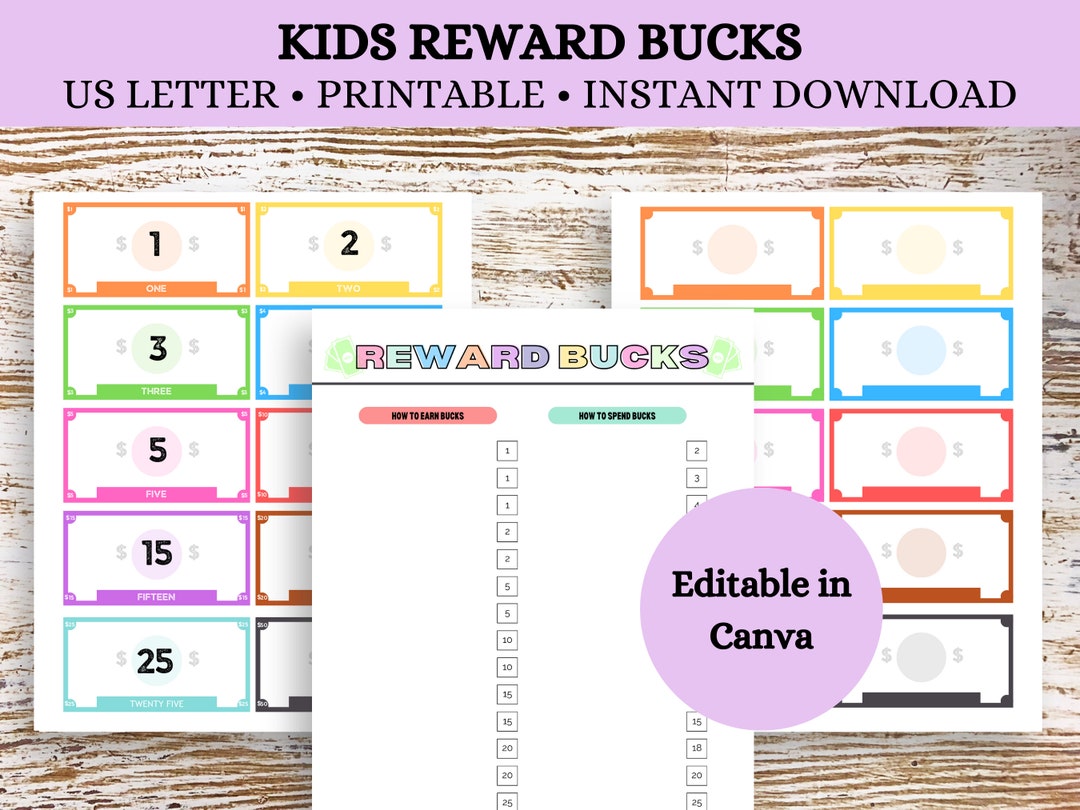 Kids Reward Bucks, Chore Chart System, EDITABLE Printable (digital ...