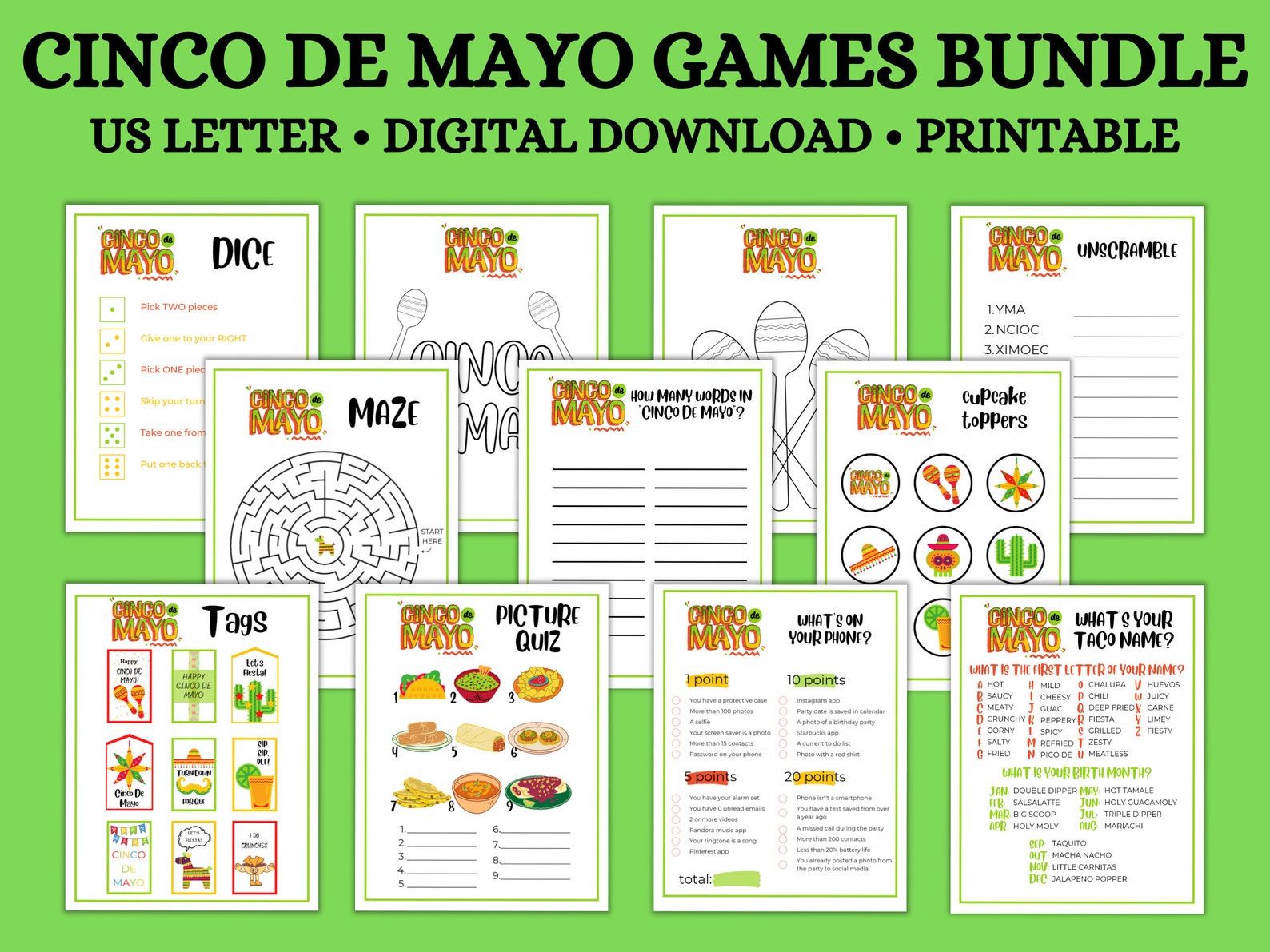 16 Cinco De Mayo Games Bundle Printable, Games for Office, Party Games ...