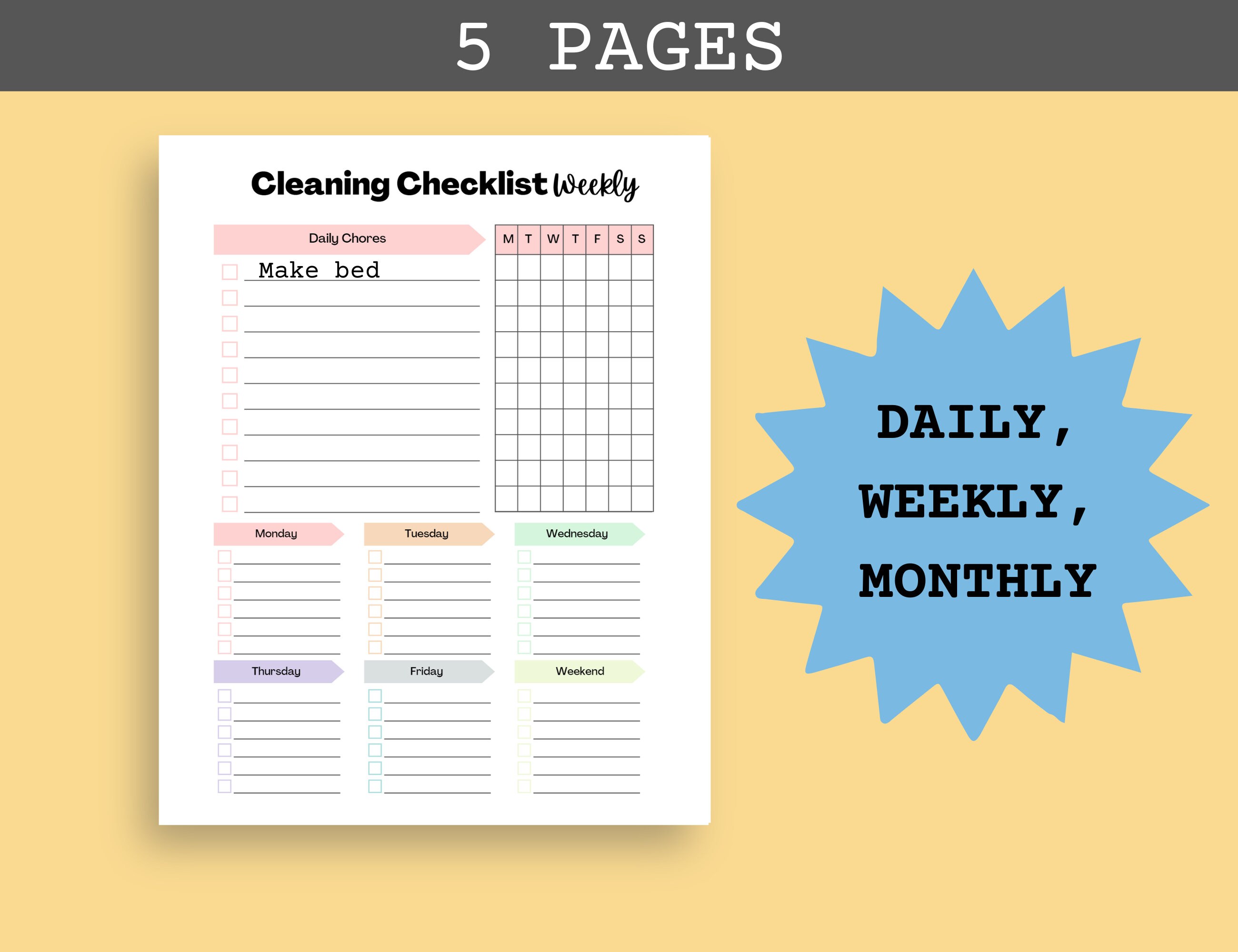 Spring Cleaning Checklist Printable, Weekly Cleaning Checklist ...