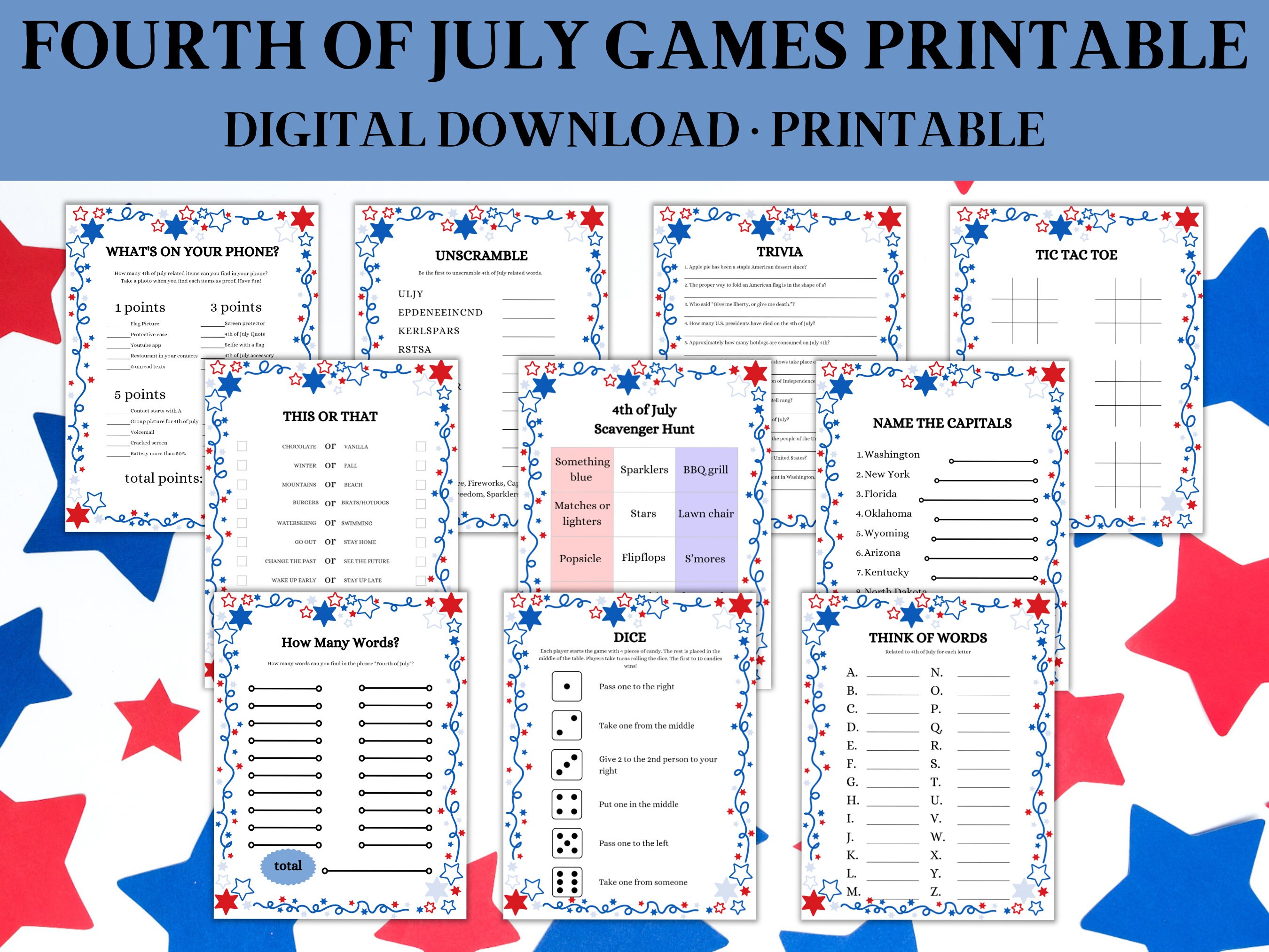 Eleven 4th of July Game Bundle Printable, INSTANT DOWNLOAD ...