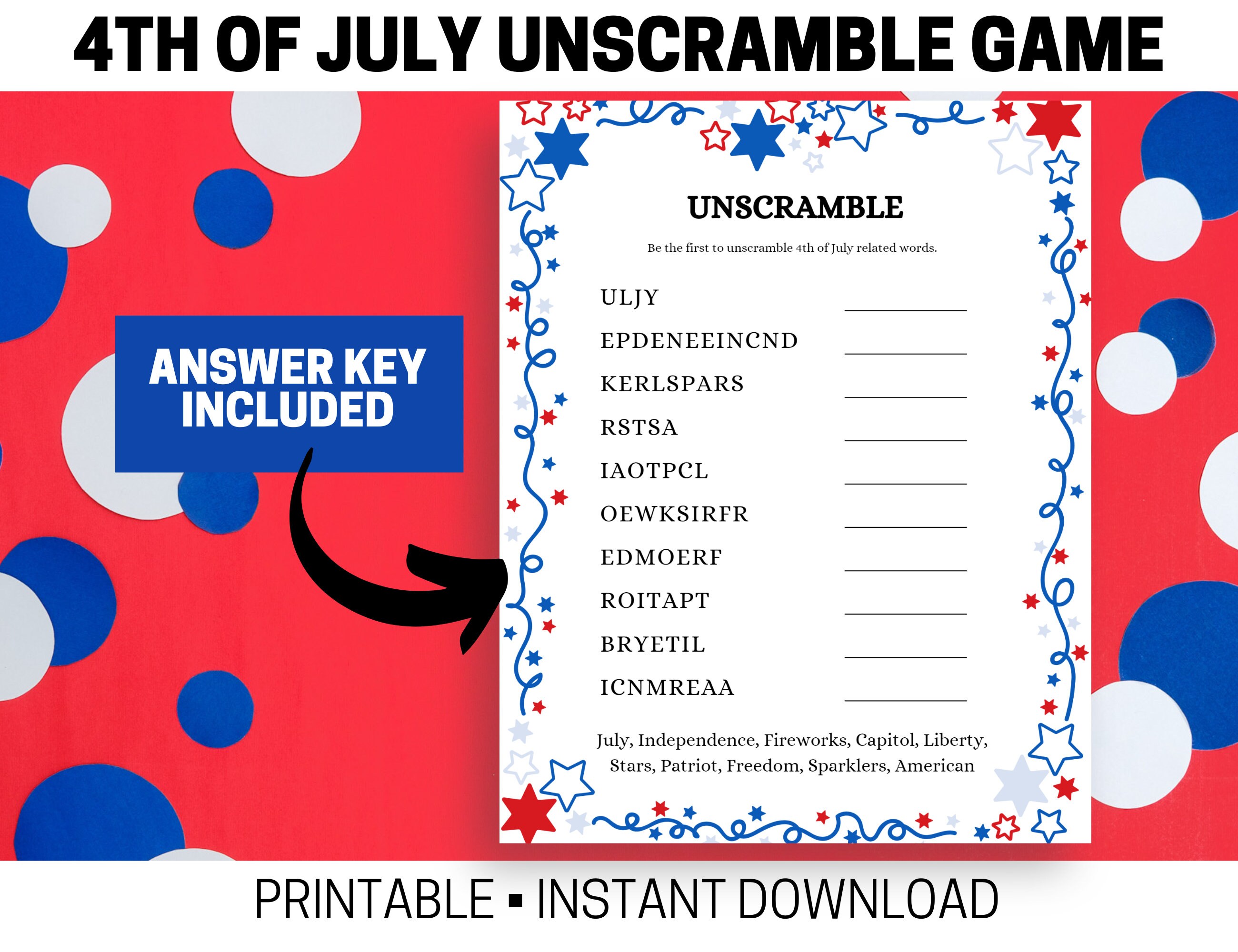 4th of July Unscramble Game Printable, INSTANT DOWNLOAD, Independence ...