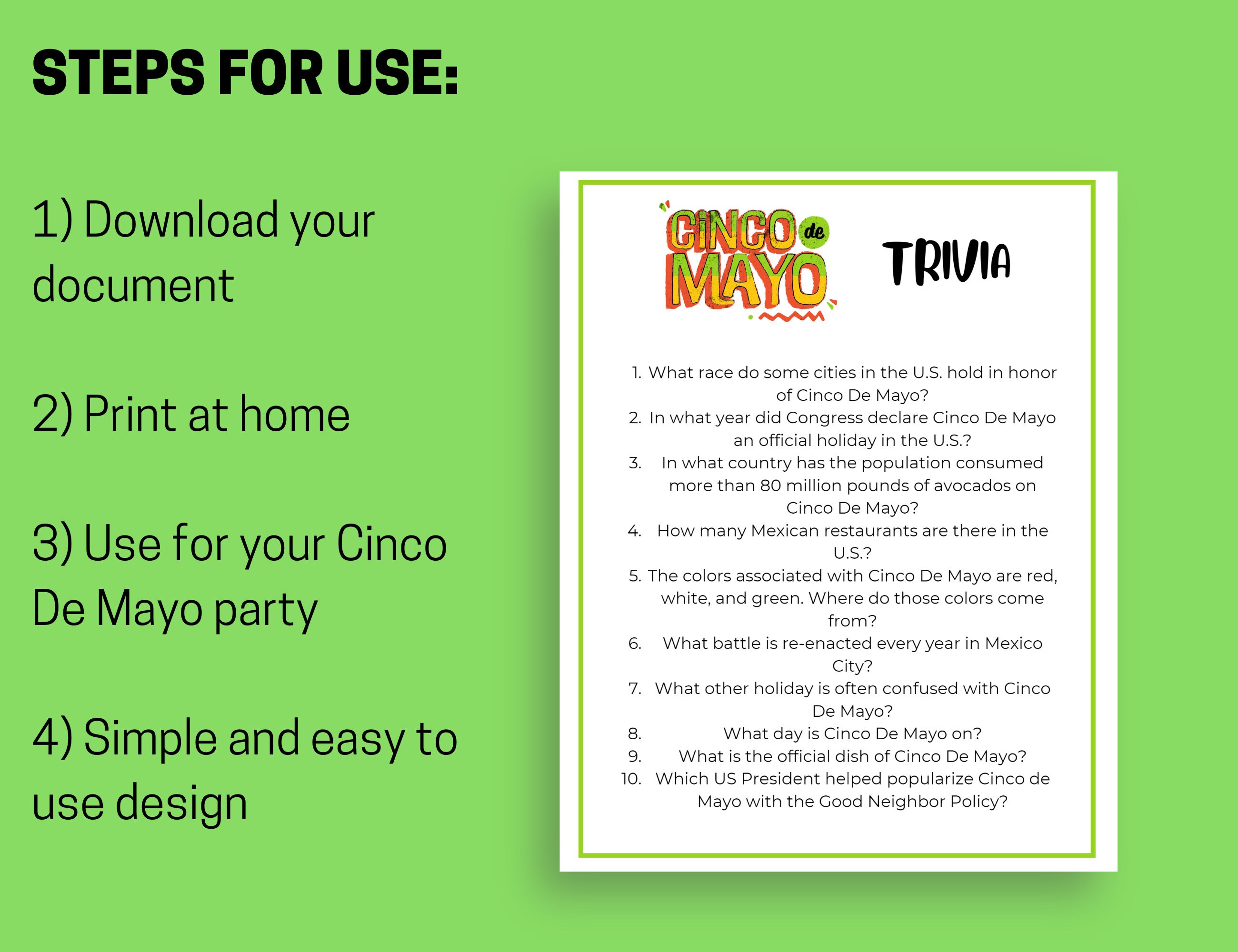 Cinco De Mayo Trivia Game Printable, Mexican Fiesta Game, Fun Fiesta ...