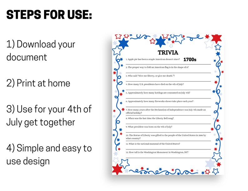 4th of July Trivia Game Printable, INSTANT DOWNLOAD, Independence Day ...
