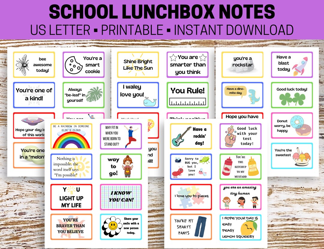 Printable Lunchbox Notes for Kids, Motivational Cards (instant Download ...