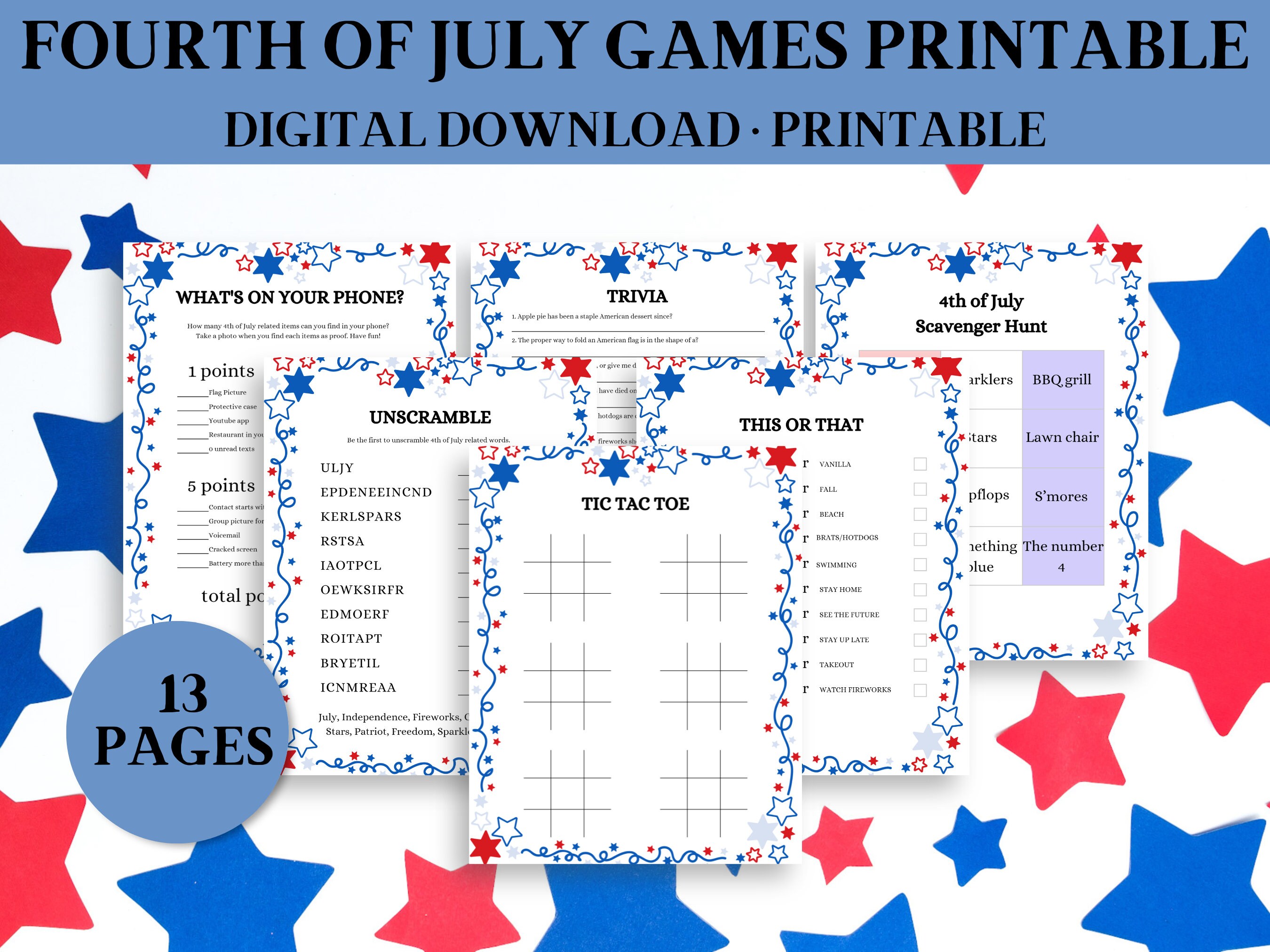 Eleven 4th of July Game Bundle Printable, INSTANT DOWNLOAD ...