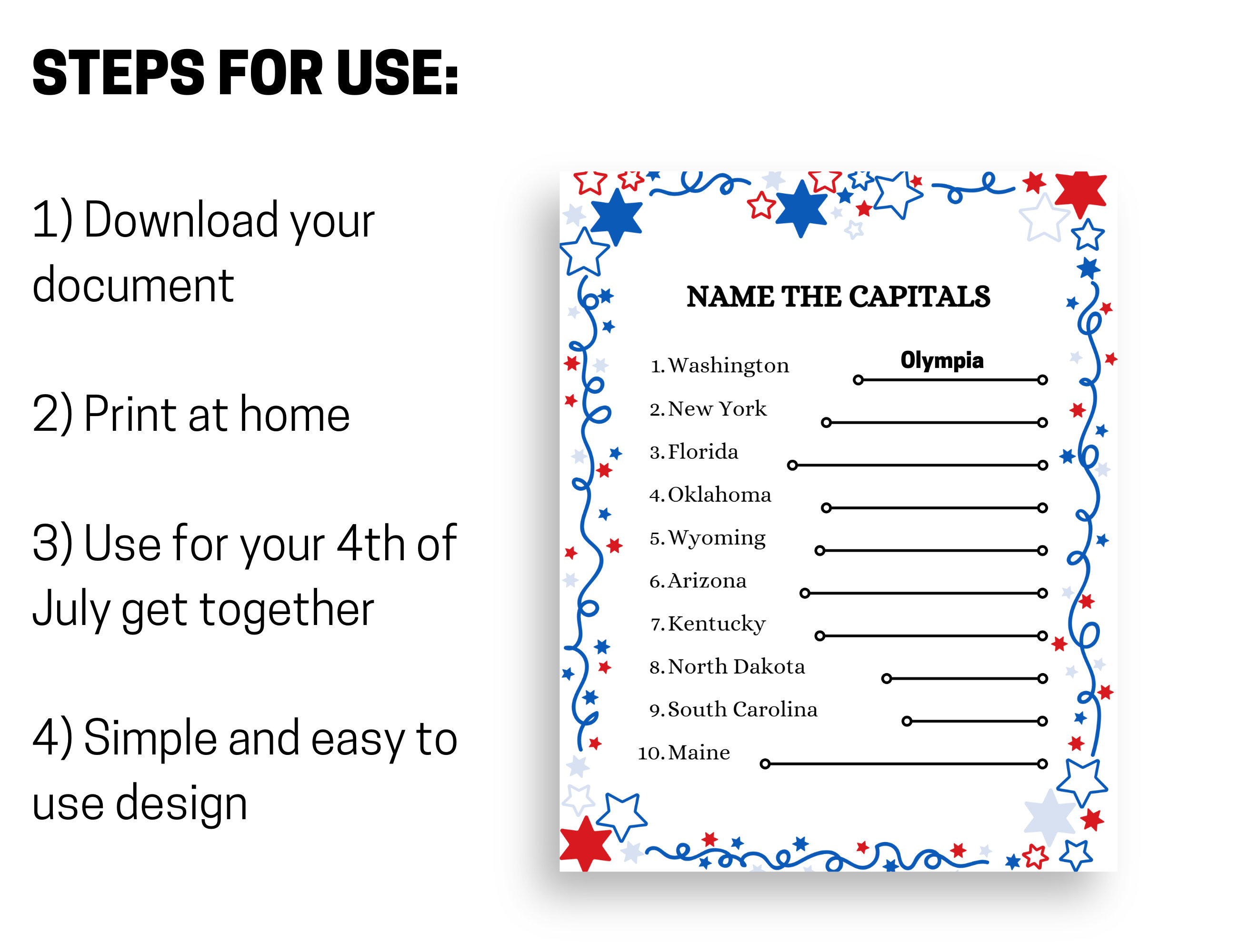 4th of July Game Name the Capital Printable, INSTANT DOWNLOAD ...