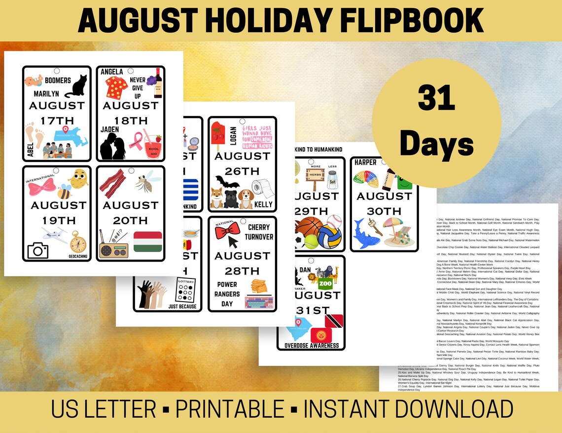 Daily August Flip Calendar Printable, August Calendar 2023, August ...