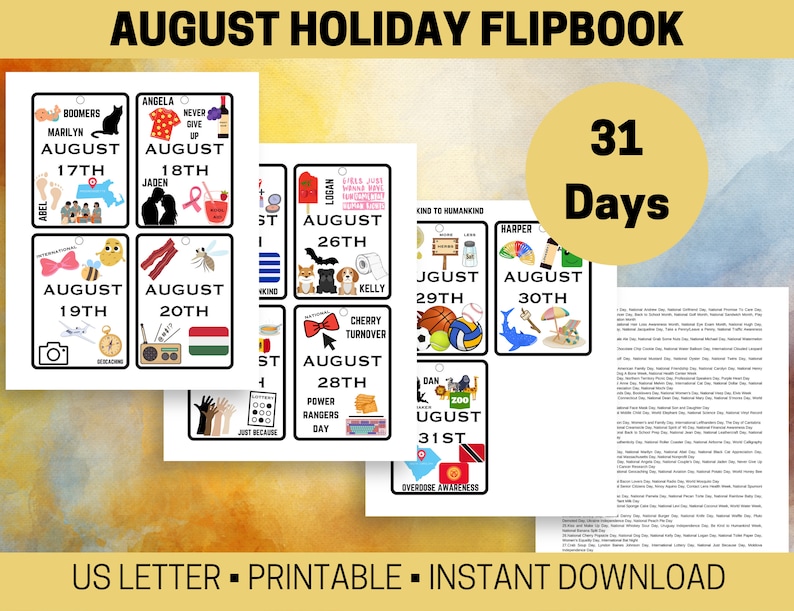 Daily August Flip Calendar Printable, August Calendar 2023, August ...