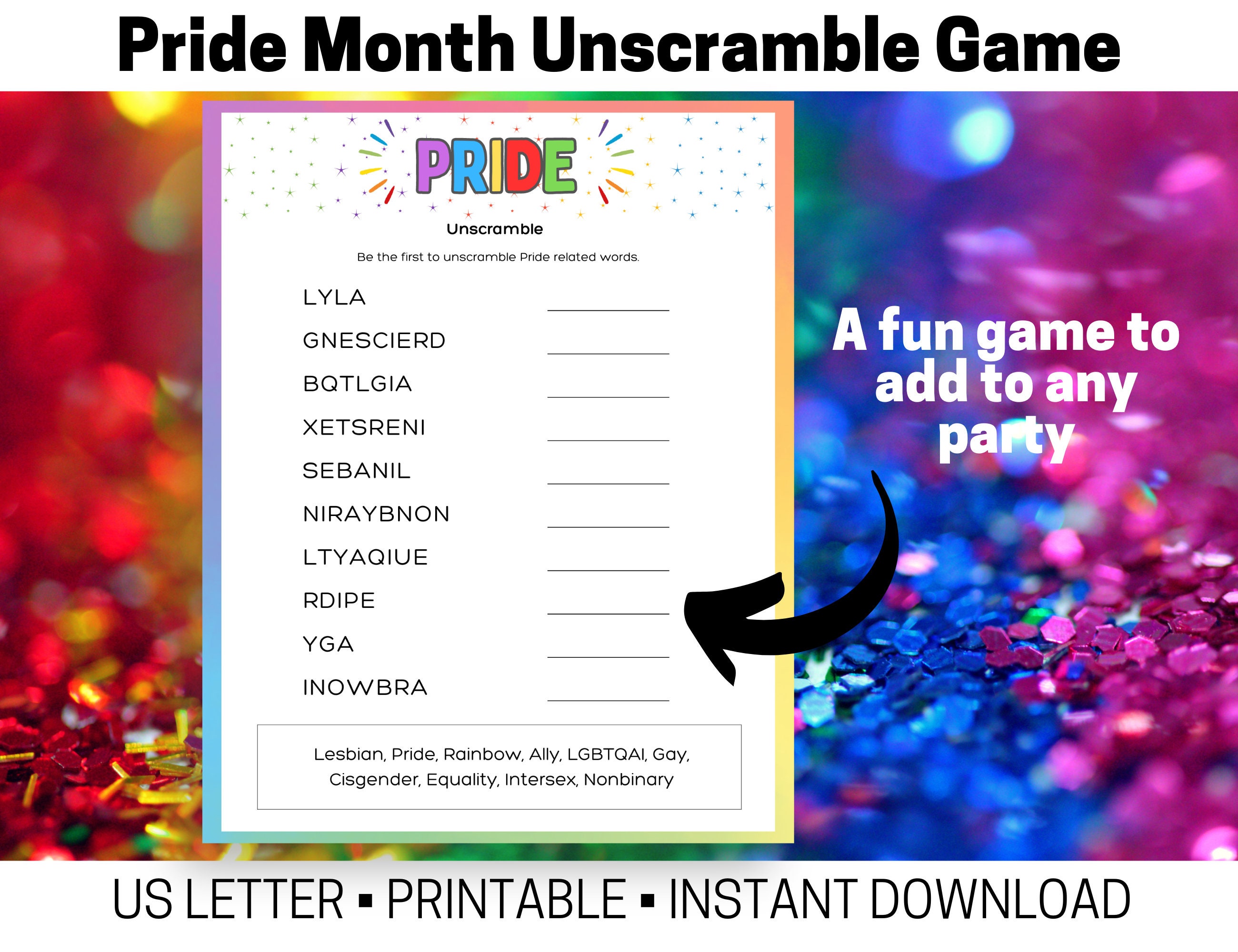 PRIDE Month Game Printable, LGBTQ Pride Party Game, Pride Unscramble ...