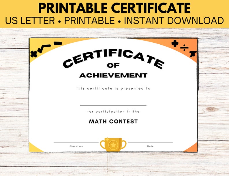 Math Contest Certificate of Achievement (printable PDF) - Etsy