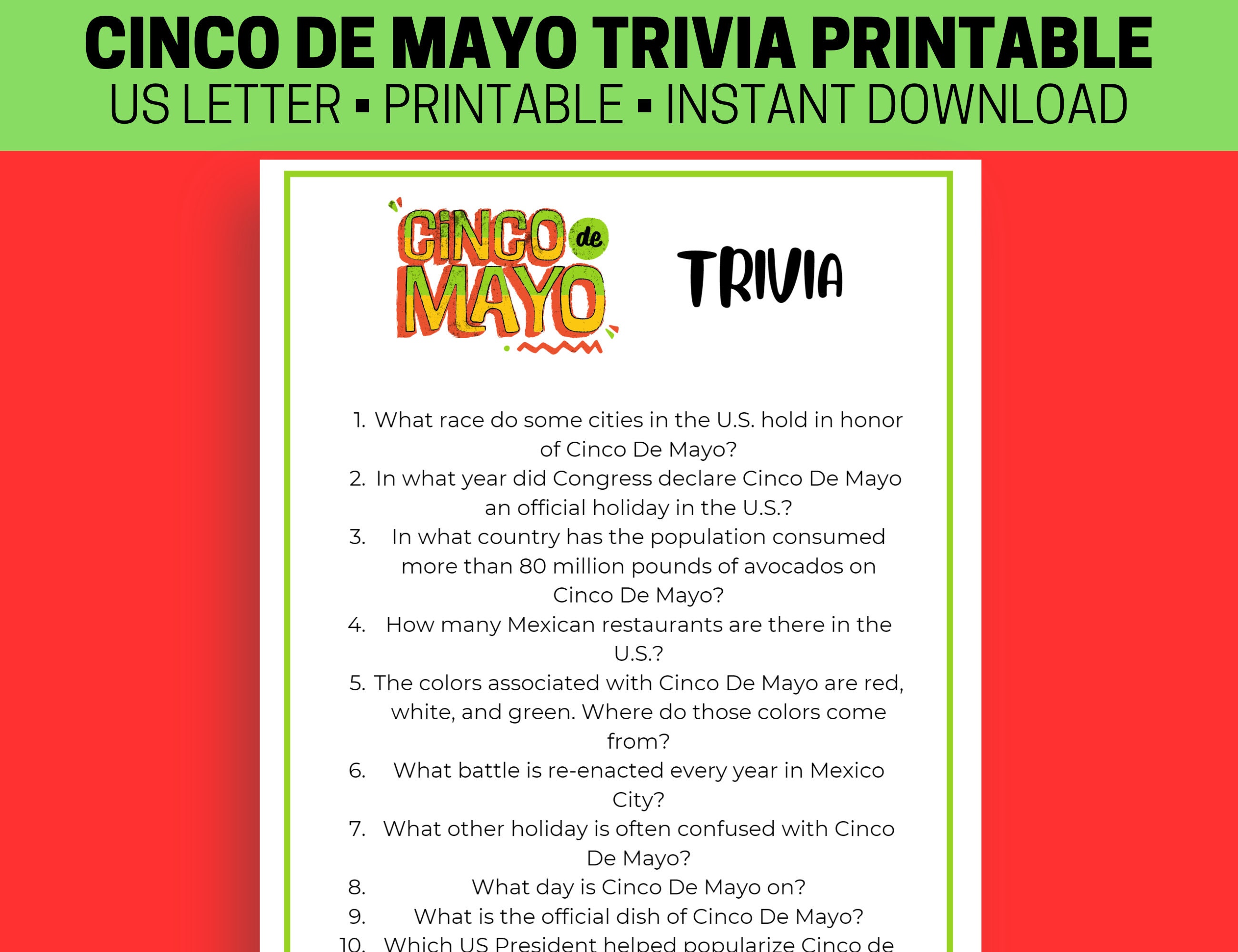 Cinco De Mayo Trivia Game Printable, Mexican Fiesta Game, Fun Fiesta ...