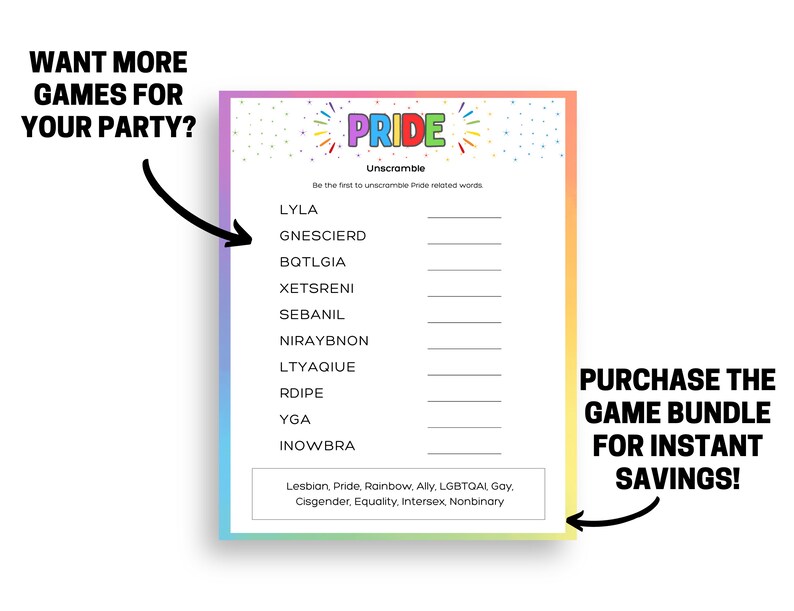 PRIDE Month Game Printable, LGBTQ+ Pride Party Game, Pride Unscramble ...