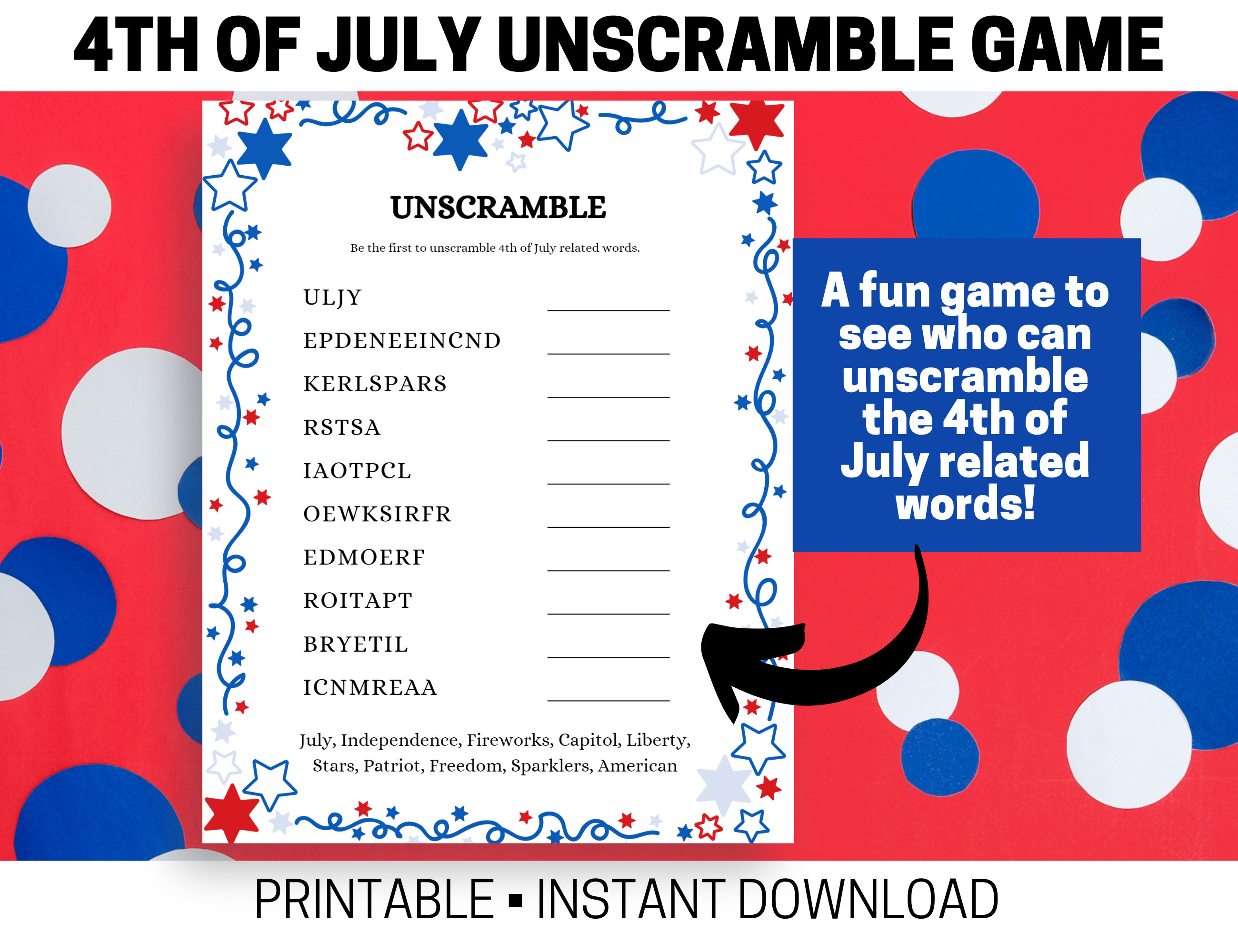 4th of July Unscramble Game Printable, INSTANT DOWNLOAD, Independence ...