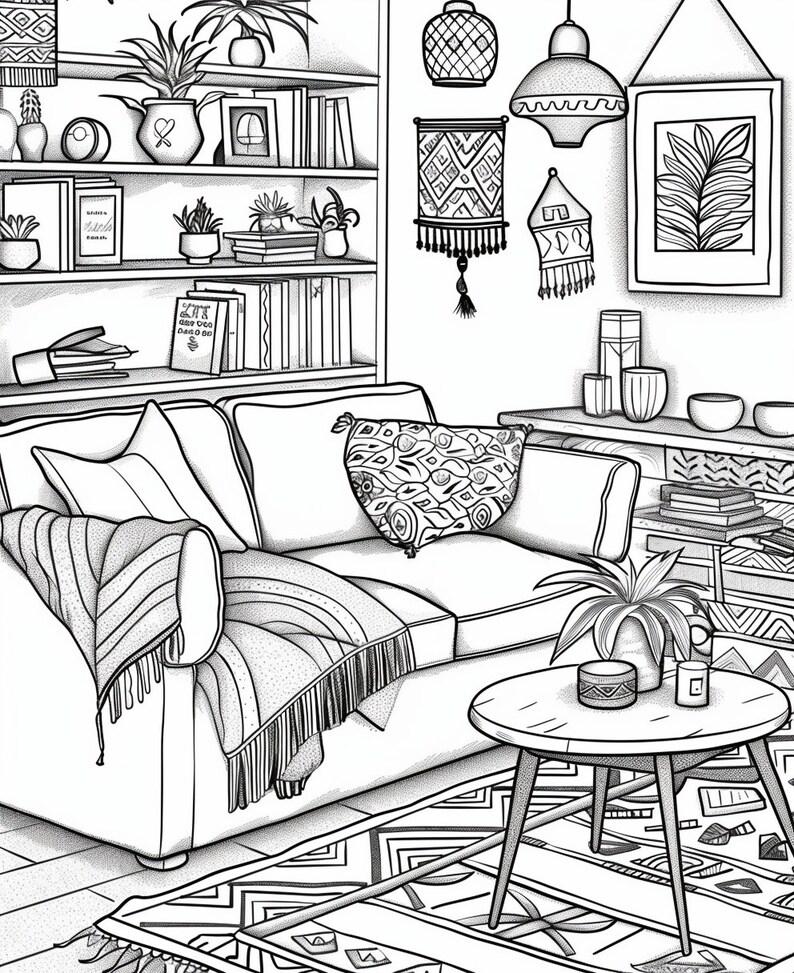 Bohemian Interior Designs Coloring Pages for Adults | Boho Chic ...