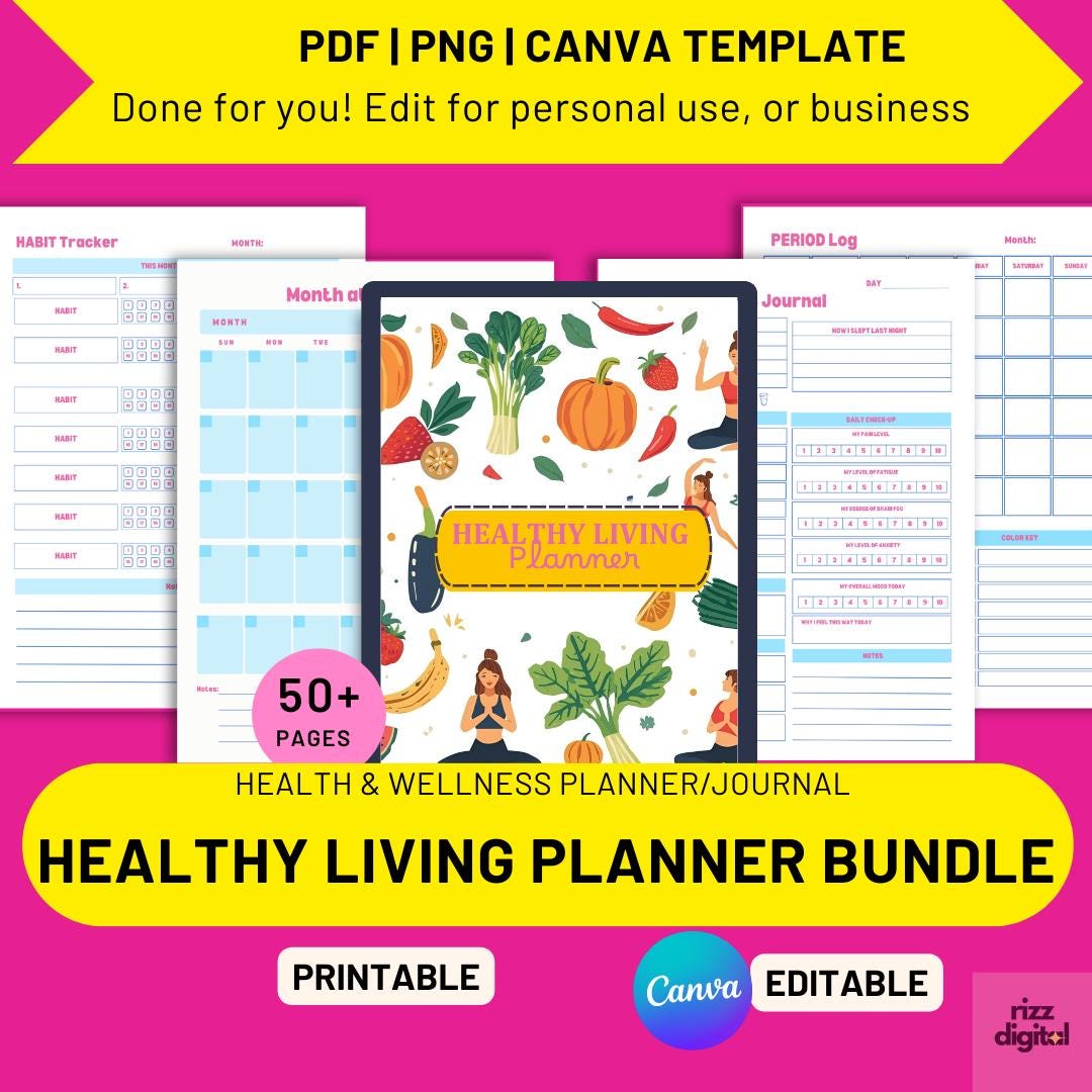 Healthy Living Planner Bundle: Printable PDF & Editable Canva Template ...