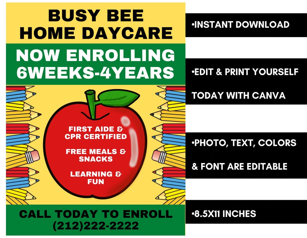 Yellow Daycare Enrollment Flyer Template, Editable Daycare Poster - Etsy