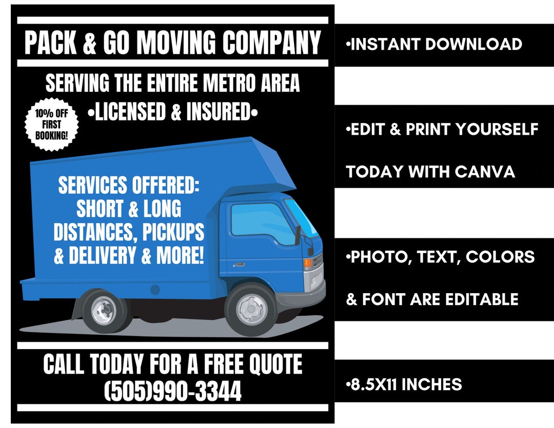 Black Moving Company Flyer Template, Editable Man With Truck Promo ...