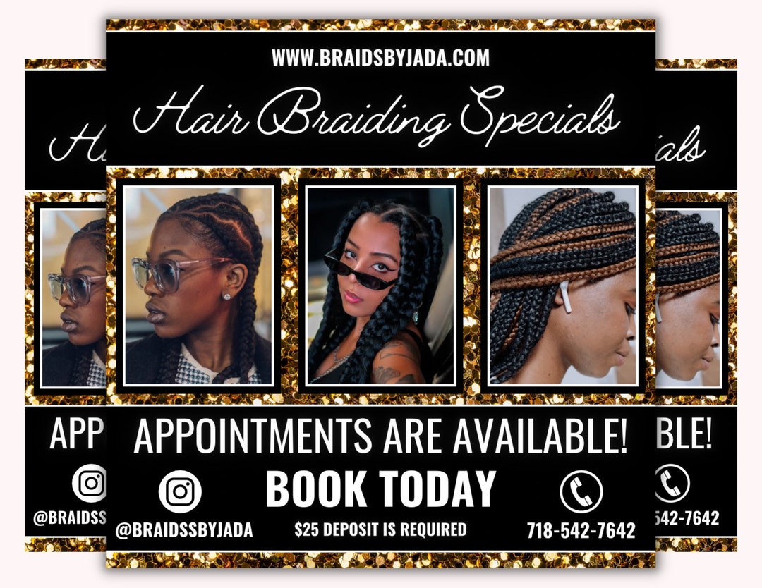 Black & Gold Hair Braider Flyer Template, Editable Braider Specials ...