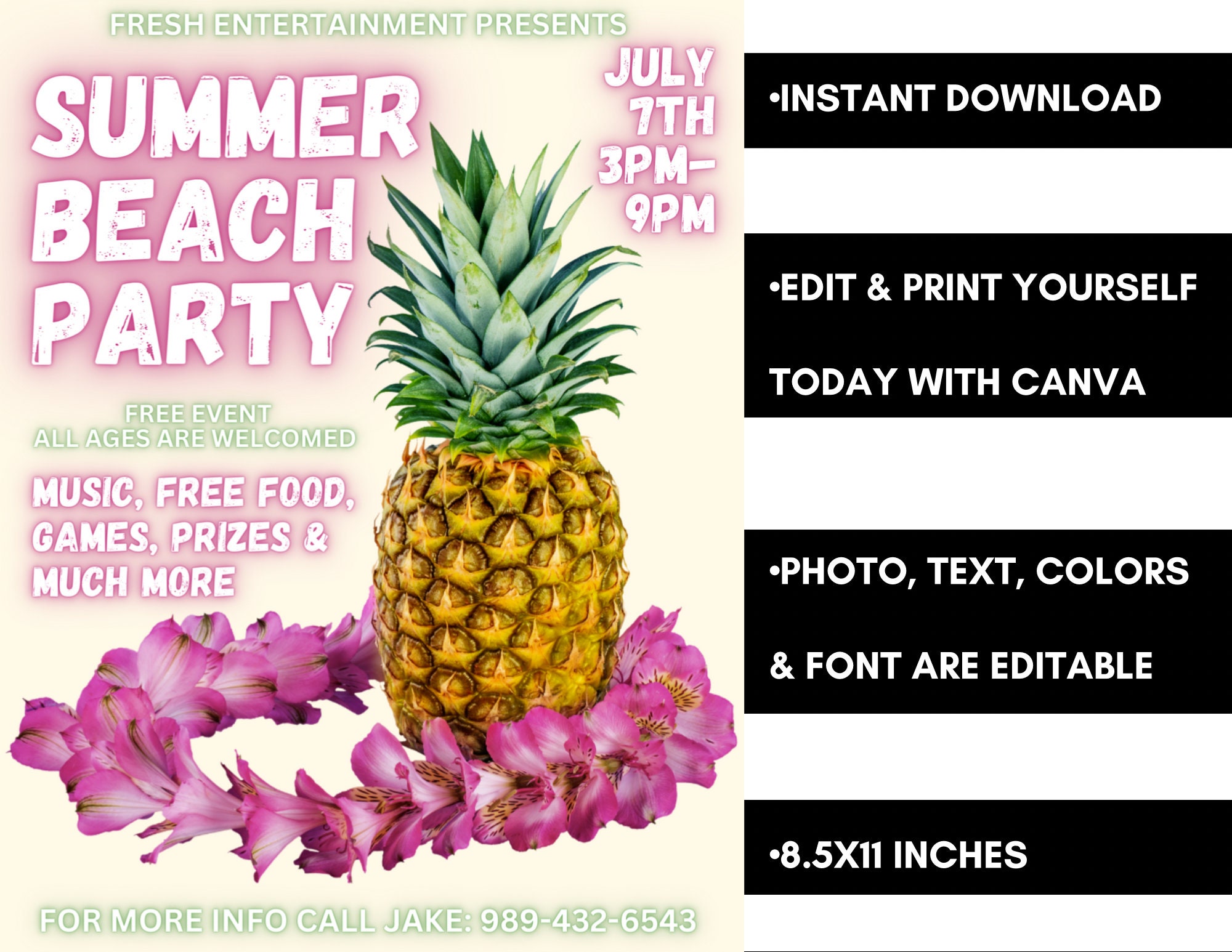 Pineapple Beach Party Flyer Template, Editable Beach Party Poster - Etsy
