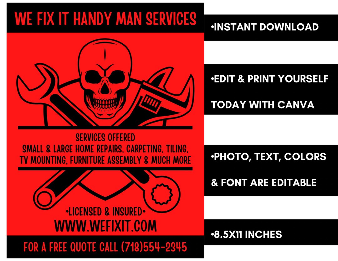 Red & Black Handyman Flyer Template, Editable Handy Man Promo Poster - Etsy