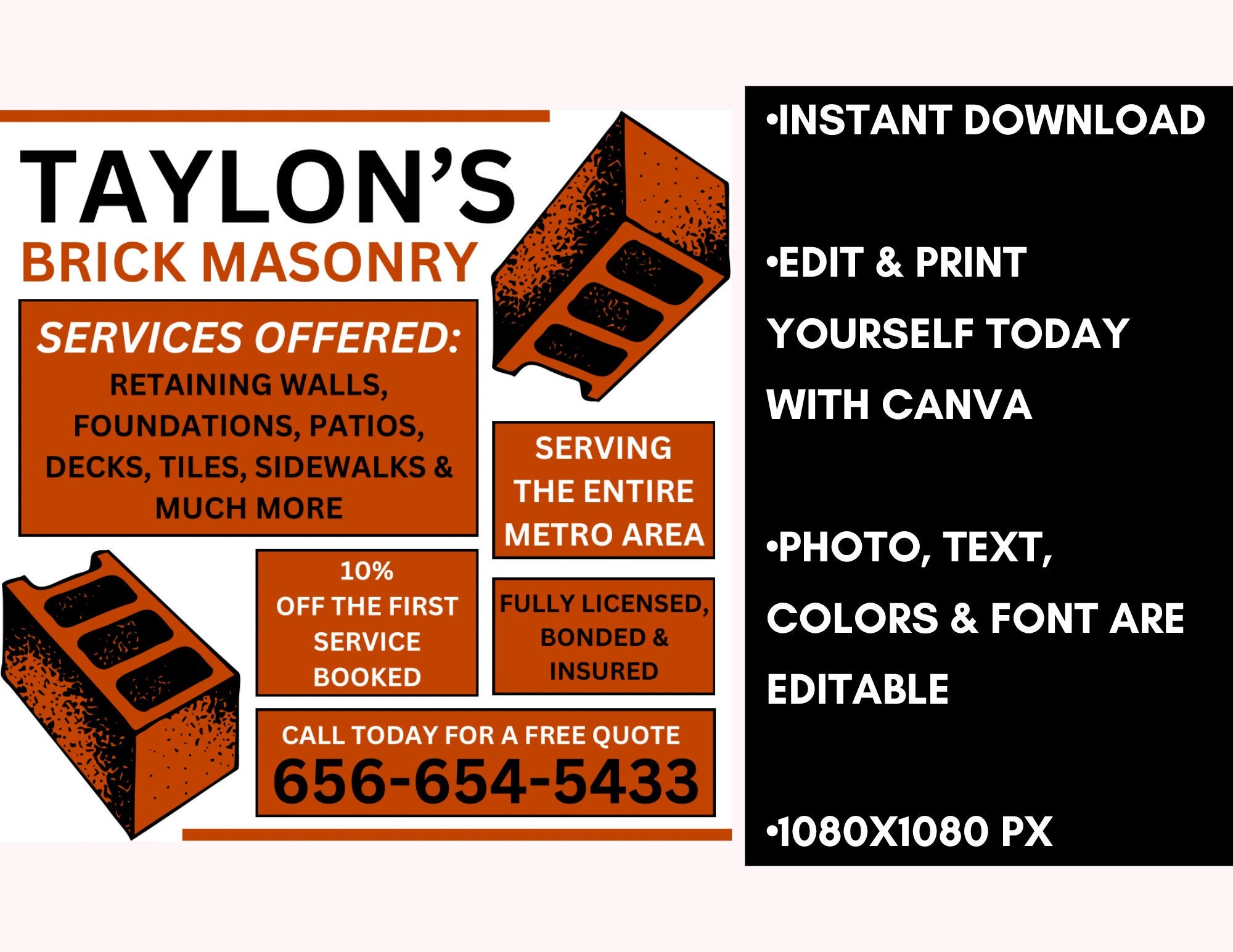 Brick Masonry Flyer Template, Editable Masonry Business Social Media ...