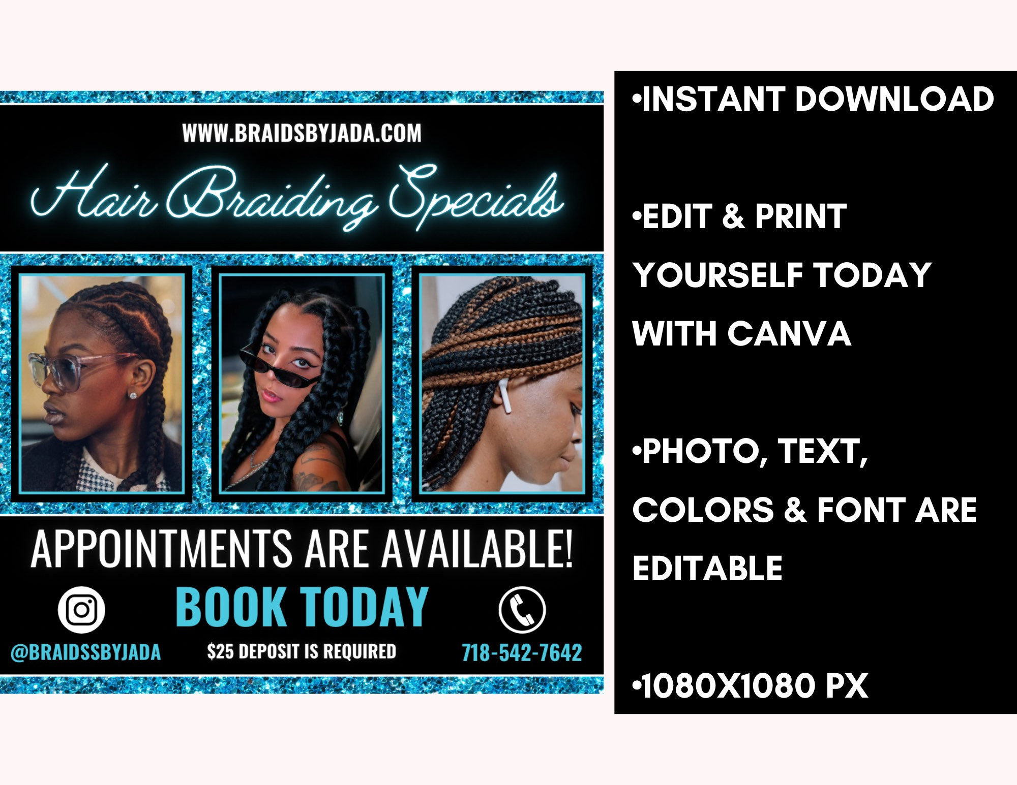 Blue Sparkle Hair Braider Flyer Template, Editable Braiding Specials ...