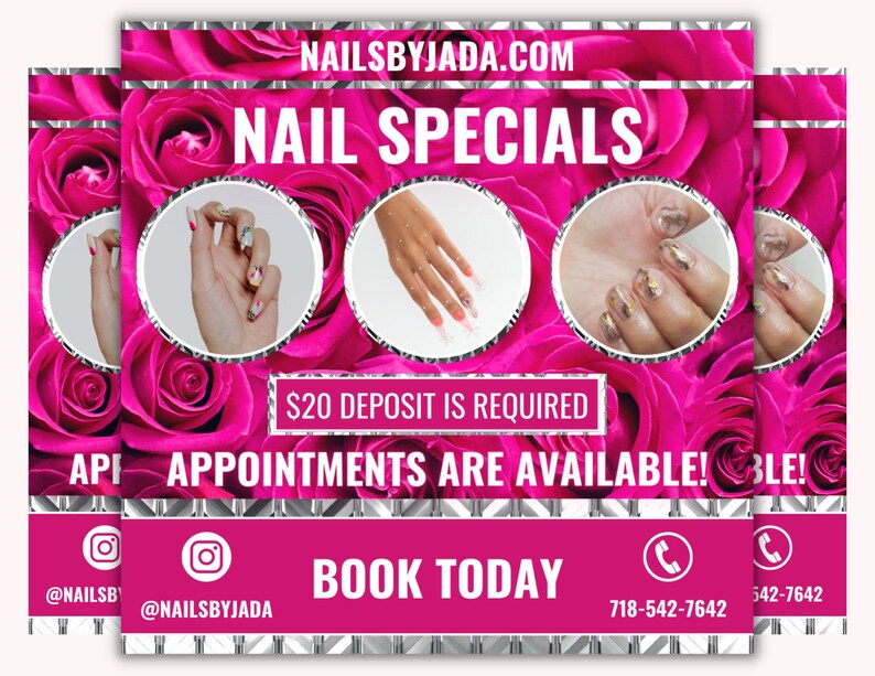 Pink Rose Nail Tech Flyer Template, Editable Nail Artist Social Media ...