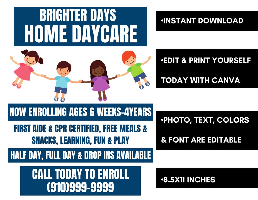 Blue Daycare Enrollment Flyer Template, Editable Daycare Poster - Etsy