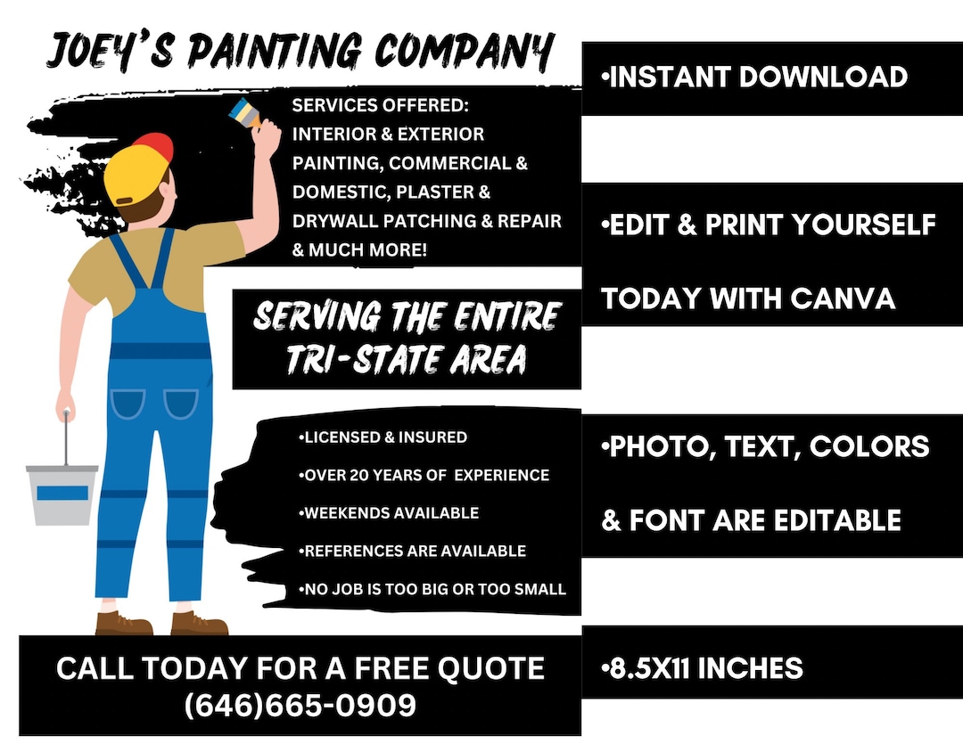 Black Painting Company Flyer Template, Editable Painter Promo Poster - Etsy