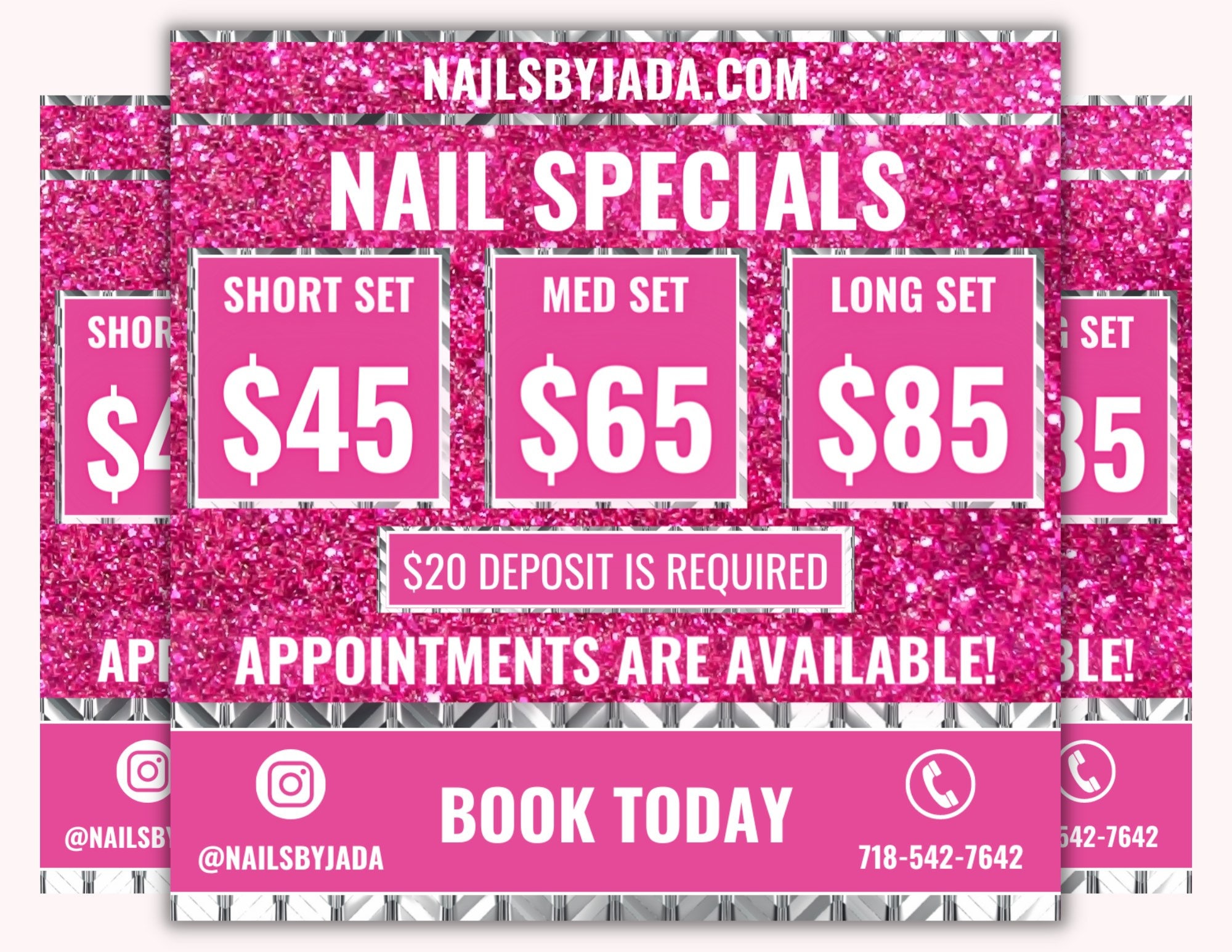 Pink Sparkle Nail Tech Flyer Template, Editable Nail Artist Social ...