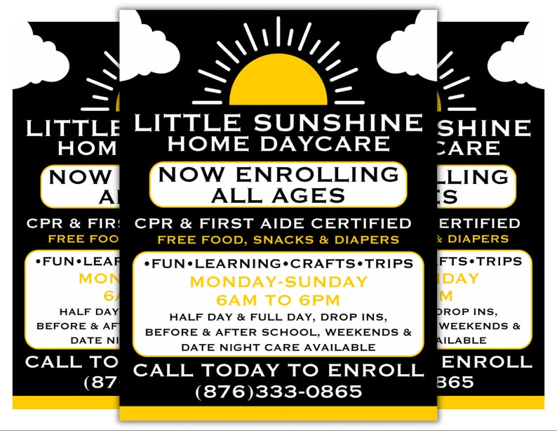 Black and Yellow Daycare Enrollment Flyer Template, Editable Daycare ...