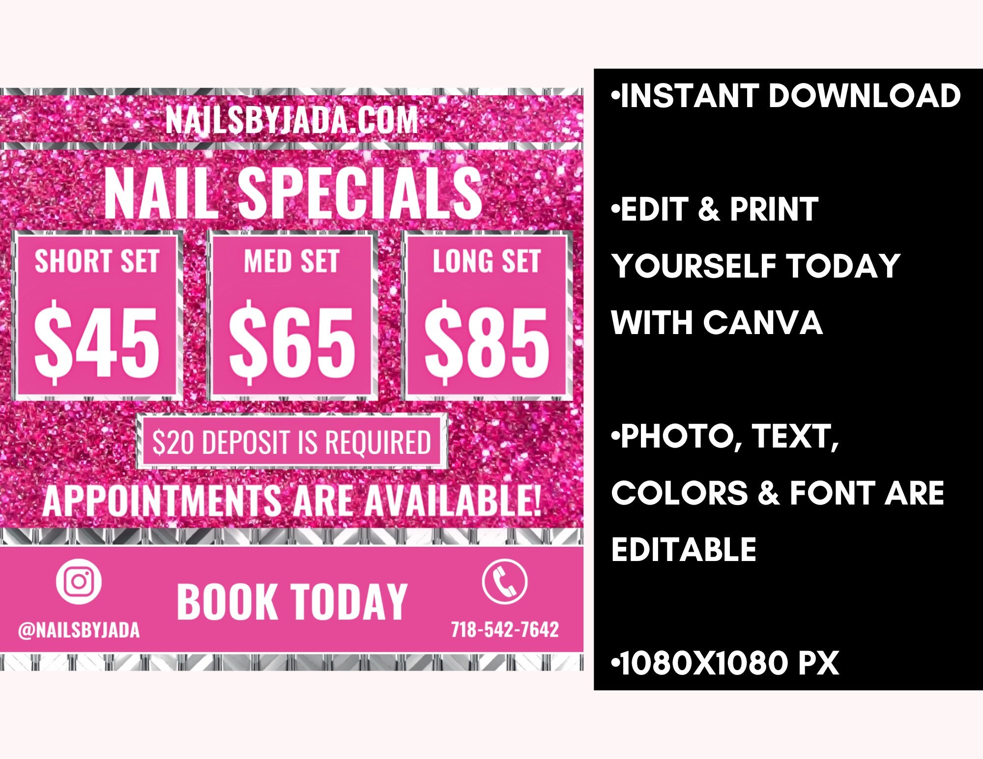 Pink Sparkle Nail Tech Flyer Template, Editable Nail Artist Social ...