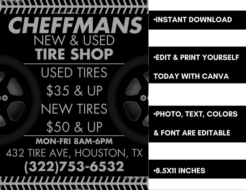 Black and Gray Tire Company Sales Flyer Template, Used Tires Poster - Etsy