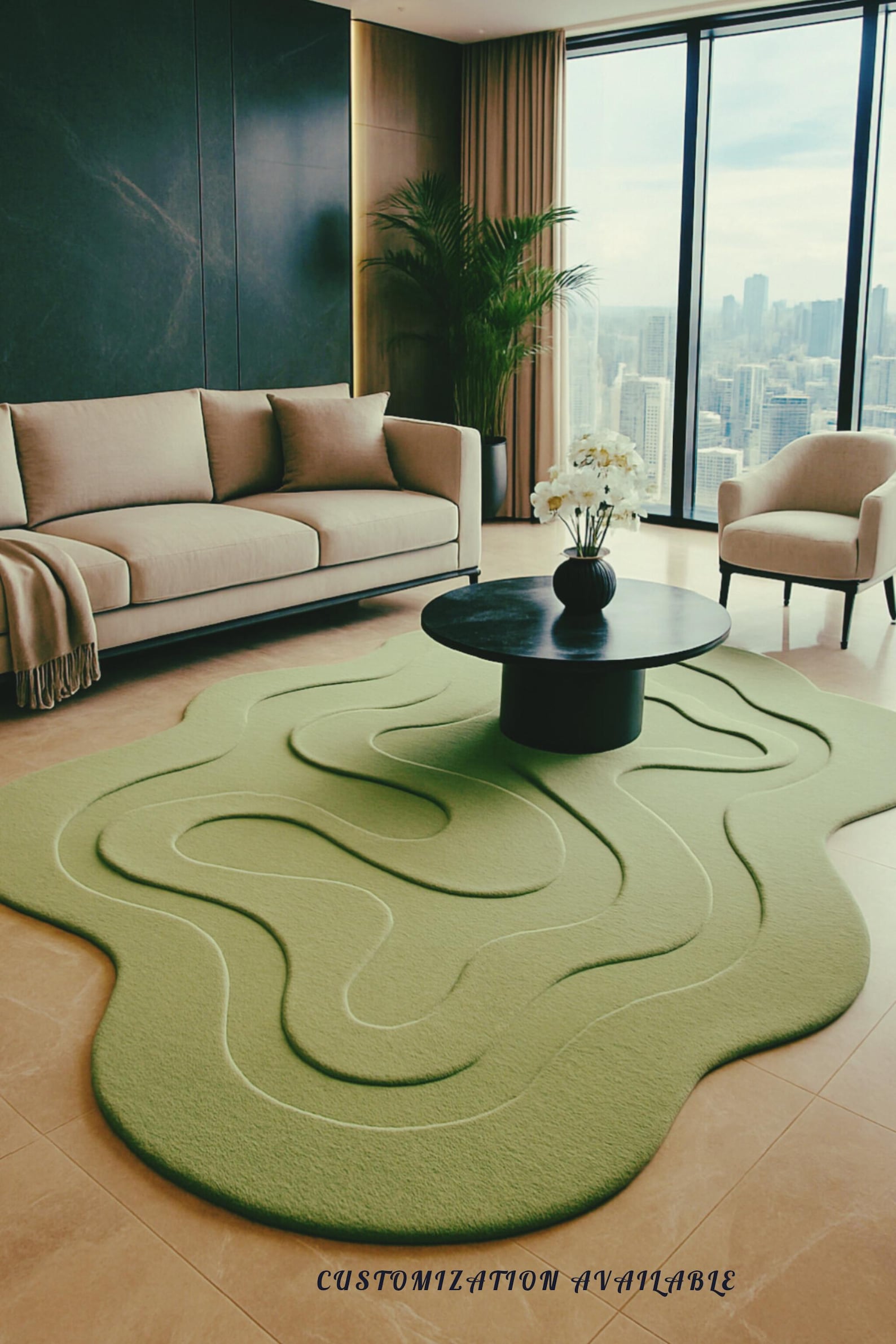 Hand Tufted Wool Rug – Sculpted Sage Green Organic 3D Modern Japandi ...