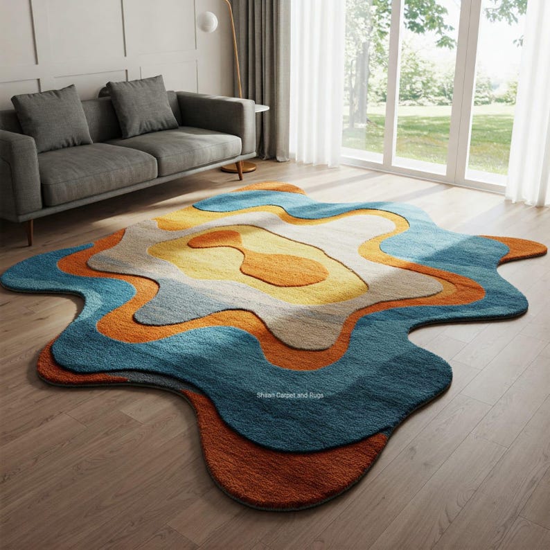 Blue Orange Off-white Irregular Abstract Hand Tufted Rugs, 8x10 Amoeba ...