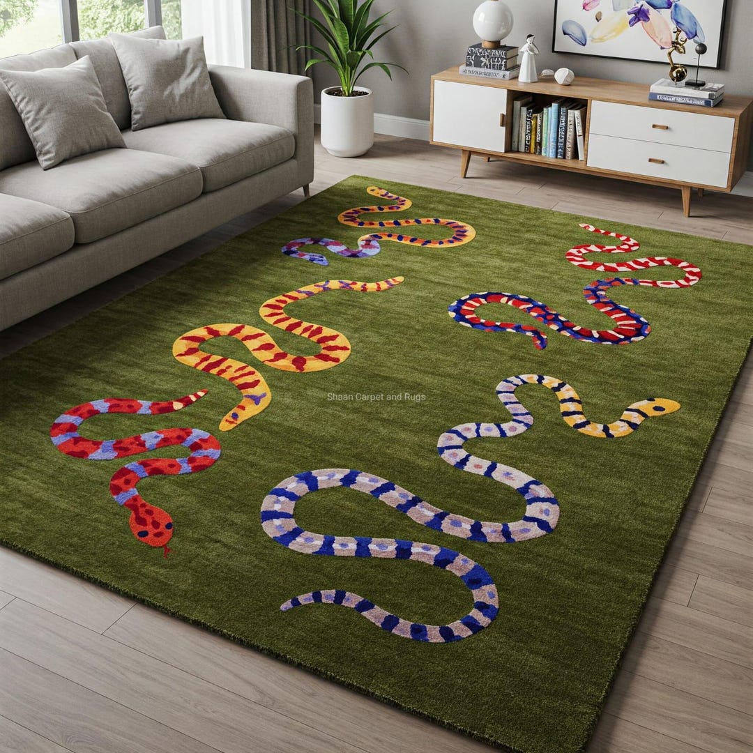 Olive Green Snake Designed Hand Tufted Rugs, 8x10 Animal Pattern Rugs ...