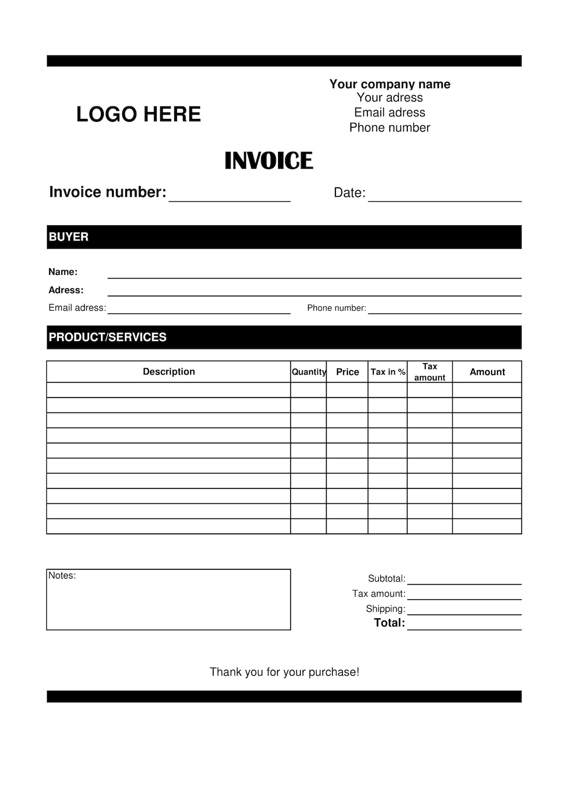 Invoice Template Excel With Logo - Professional Excel and PDF Formats ...