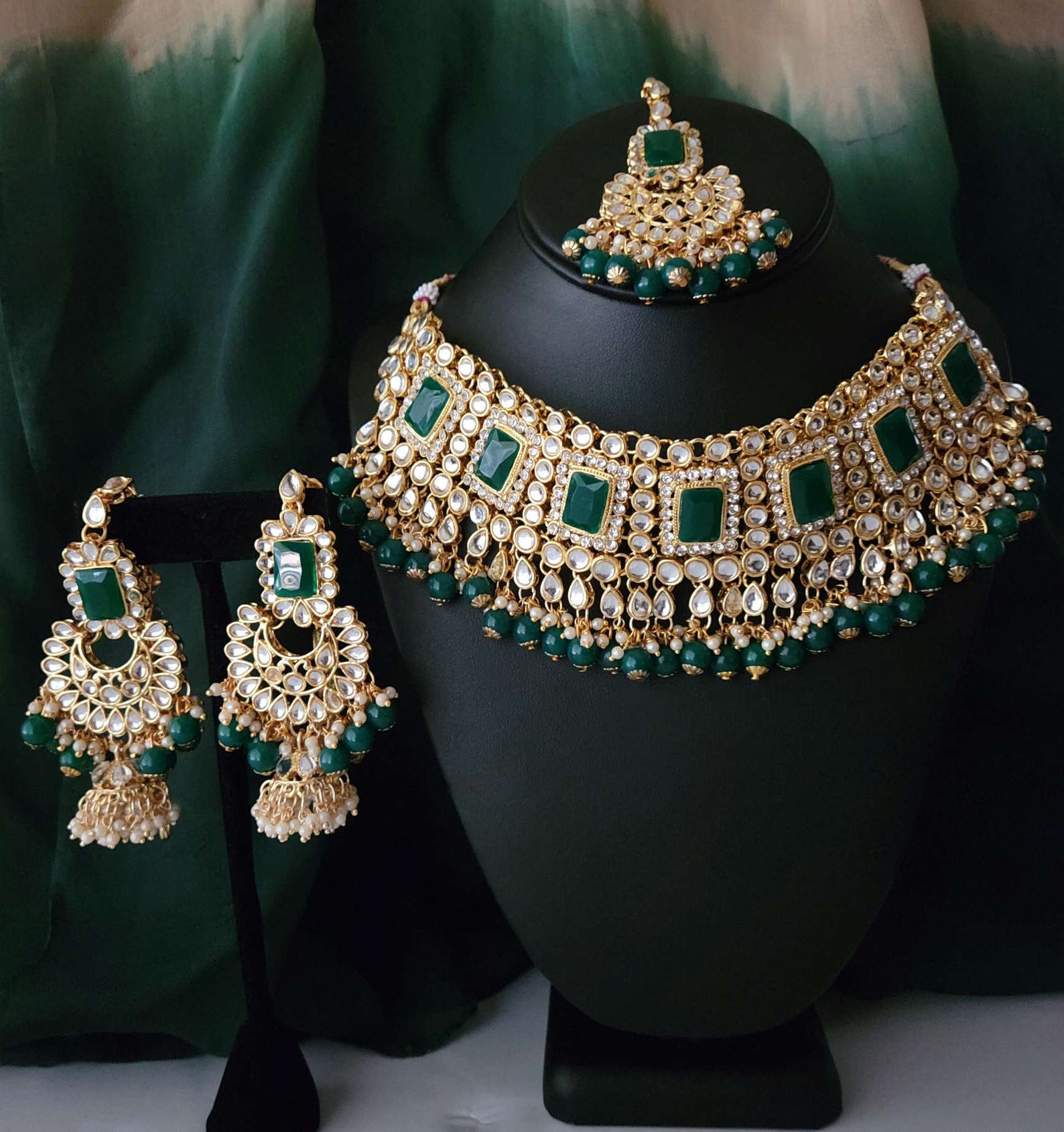 Gorgeous Emerald & Gold Kundan/ad Bridal Choker Set With Chandbali ...