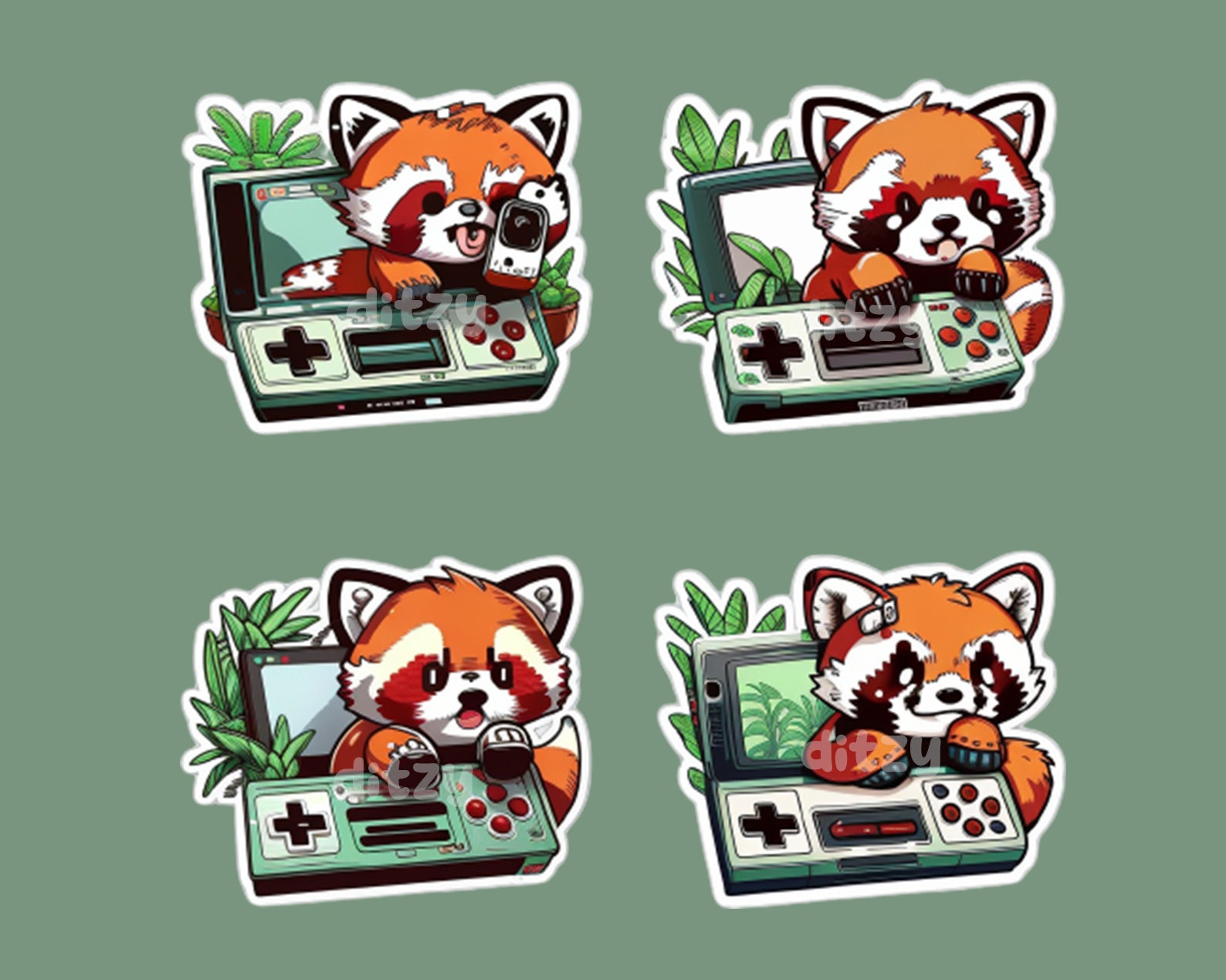 Digital Stickers Sheet PNG Printable Gamer Red Panda Cute Kawaii Nerdy ...