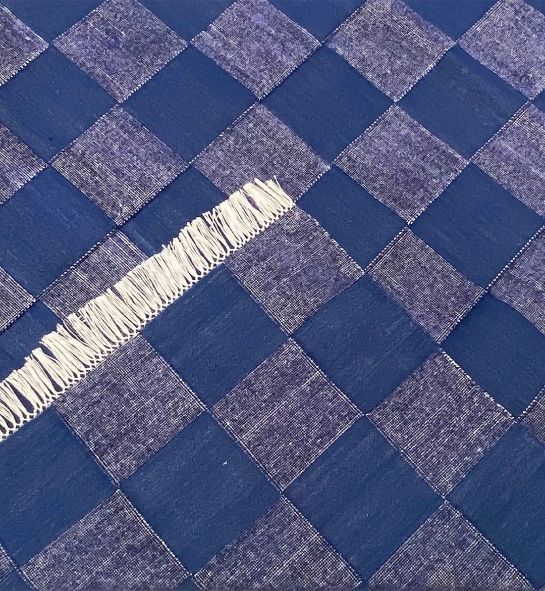 Blue Checkered Rug, Handmade Home Decor Dhurrie, Checkerboard Area Rug ...