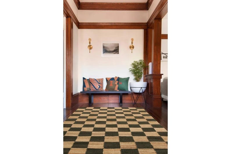 Terracotta Checkered Jute Rug – Handmade Natural Fiber Area Rug, Boho ...