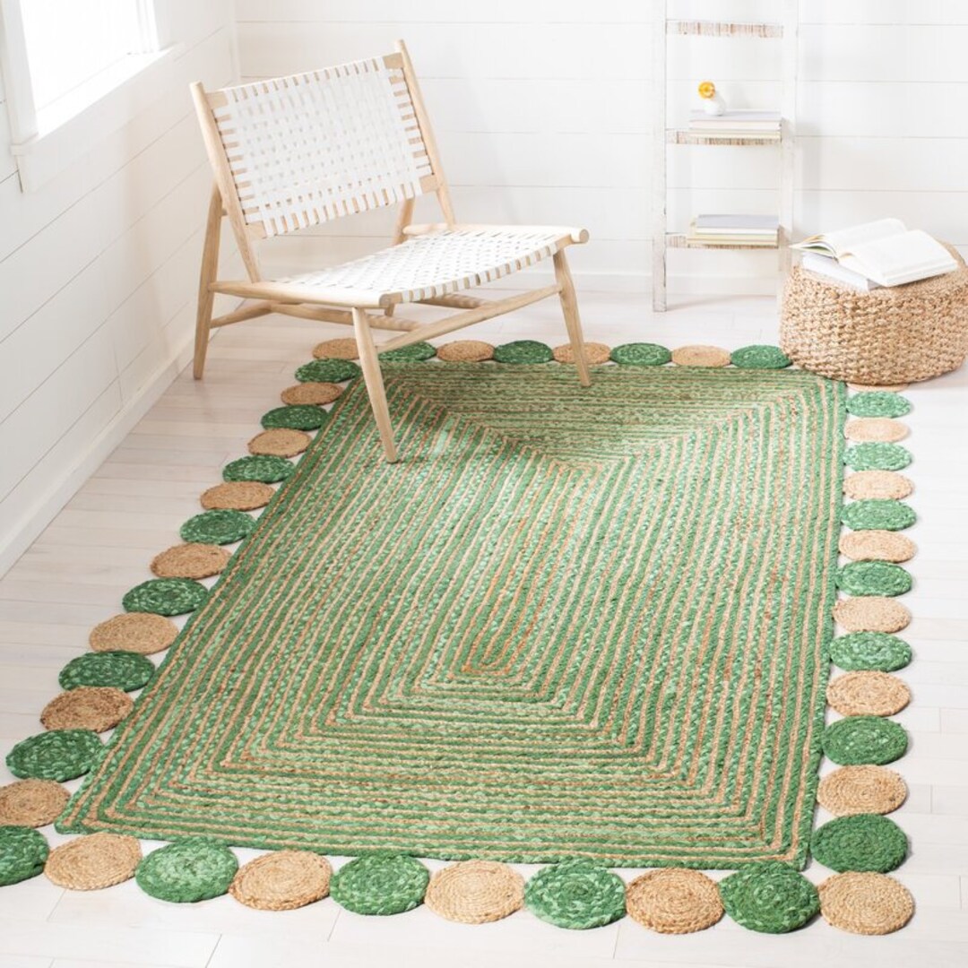 Scalloped Green Chindi Rag Rug for Bedroom, Hallway, Kitchen & Dining ...