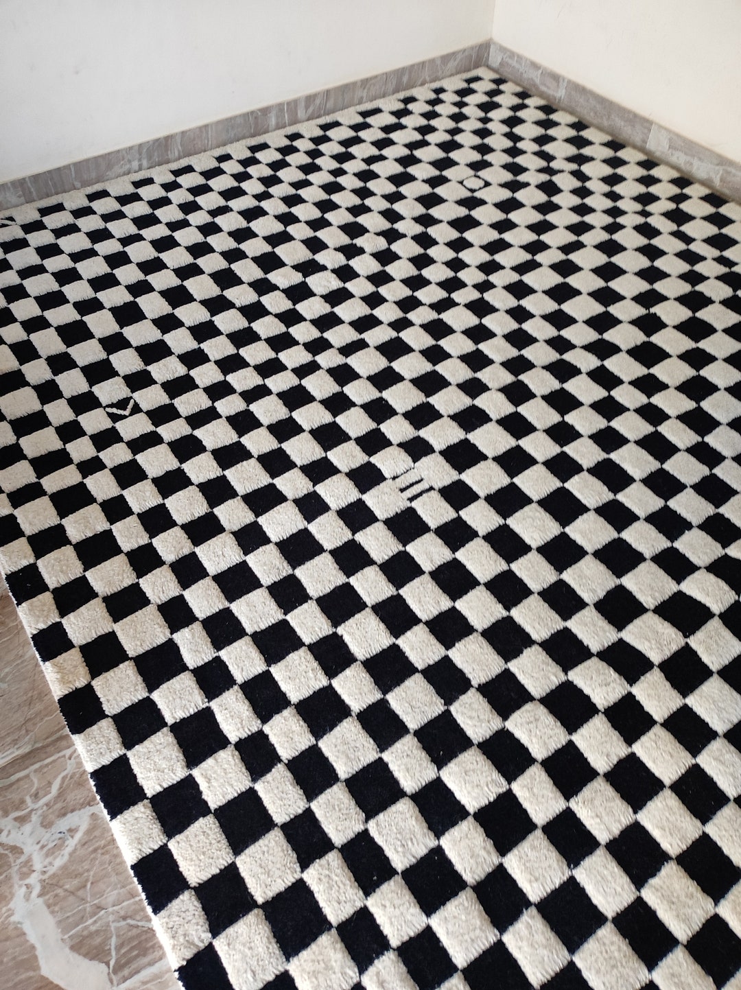 Black Checker Rug, Handmade Woolen Rug, Checkered Moroccan Rug ...