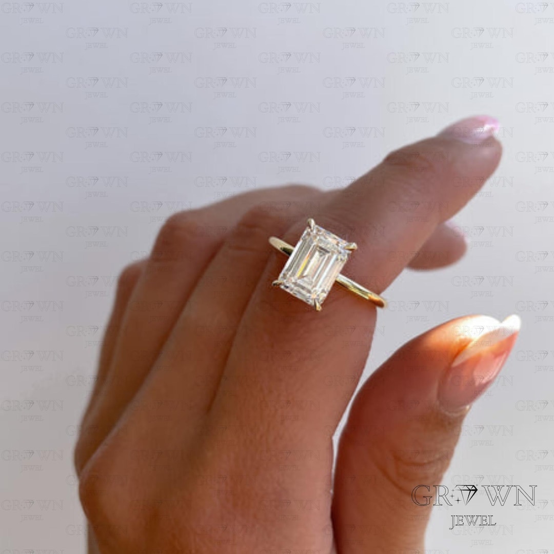 2 Carat Emerald Cut Solitaire Ring, LAB-GROWN Diamond Hidden Halo ...
