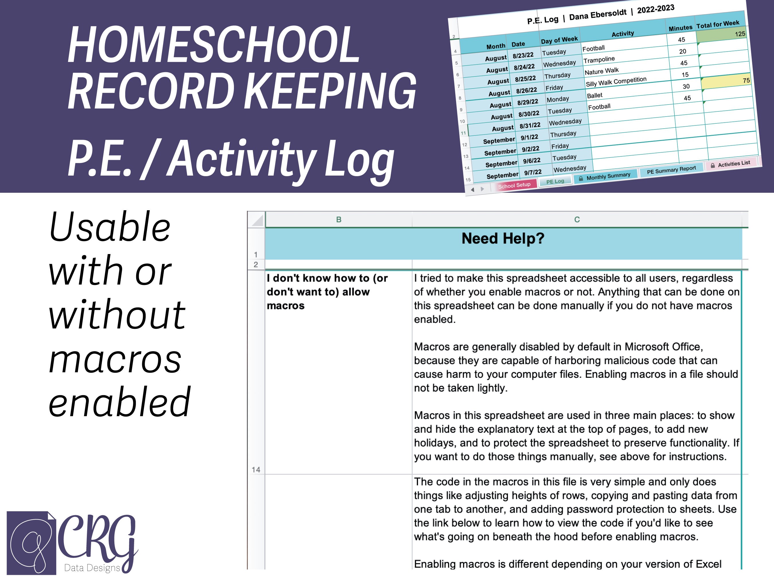 P.E. & Activity Log for Homeschoolers | Microsoft Excel | Home School ...