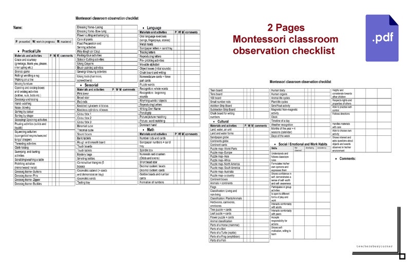 Montessori Classroom Observation Checklist: Primary Curriculum (PDF) - Etsy