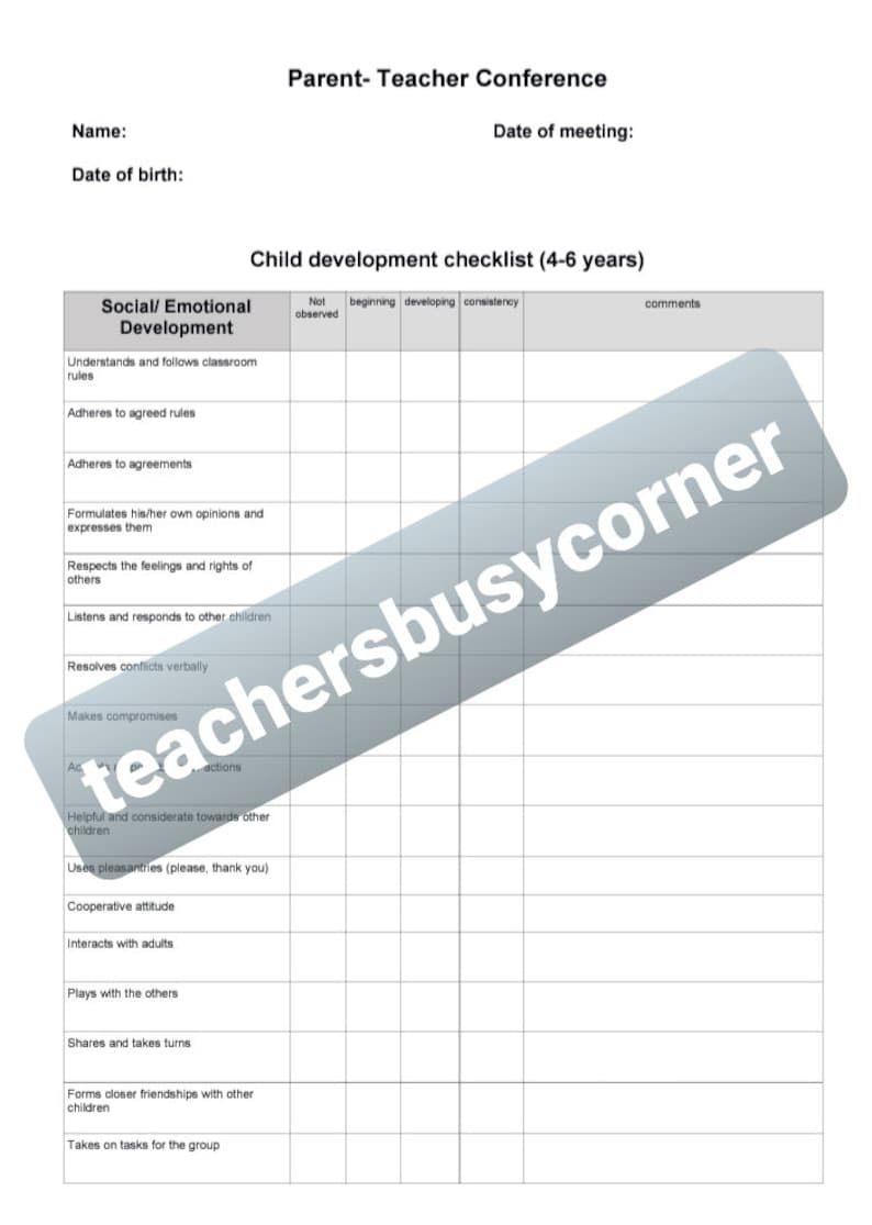 Child Development Checklist 4-6 Y.O. - Parent Teacher Conference (PDF ...