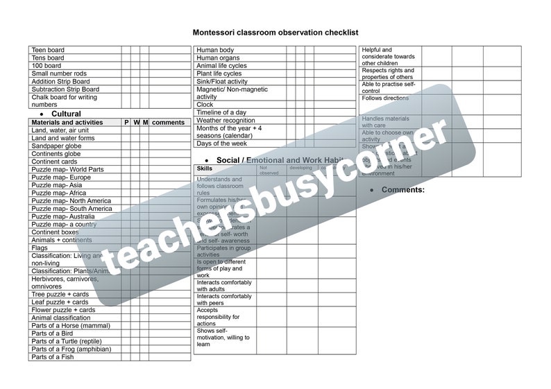 Montessori Classroom Observation Checklist: Primary Curriculum (PDF) - Etsy