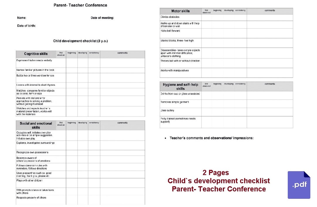 Child Development Checklist: Parent-teacher Conference, 3 Y.o. (PDF) - Etsy