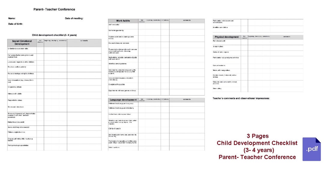 Child Development Checklist (3-4 Years): Parent-teacher Conference (PDF ...